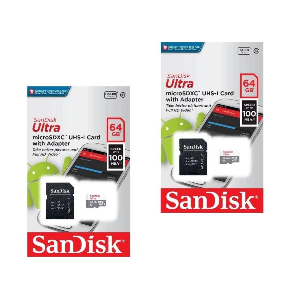 Kit Com 2 Cartão Micro SD Sandisk Class 10 Ultra 64GB 100MBs