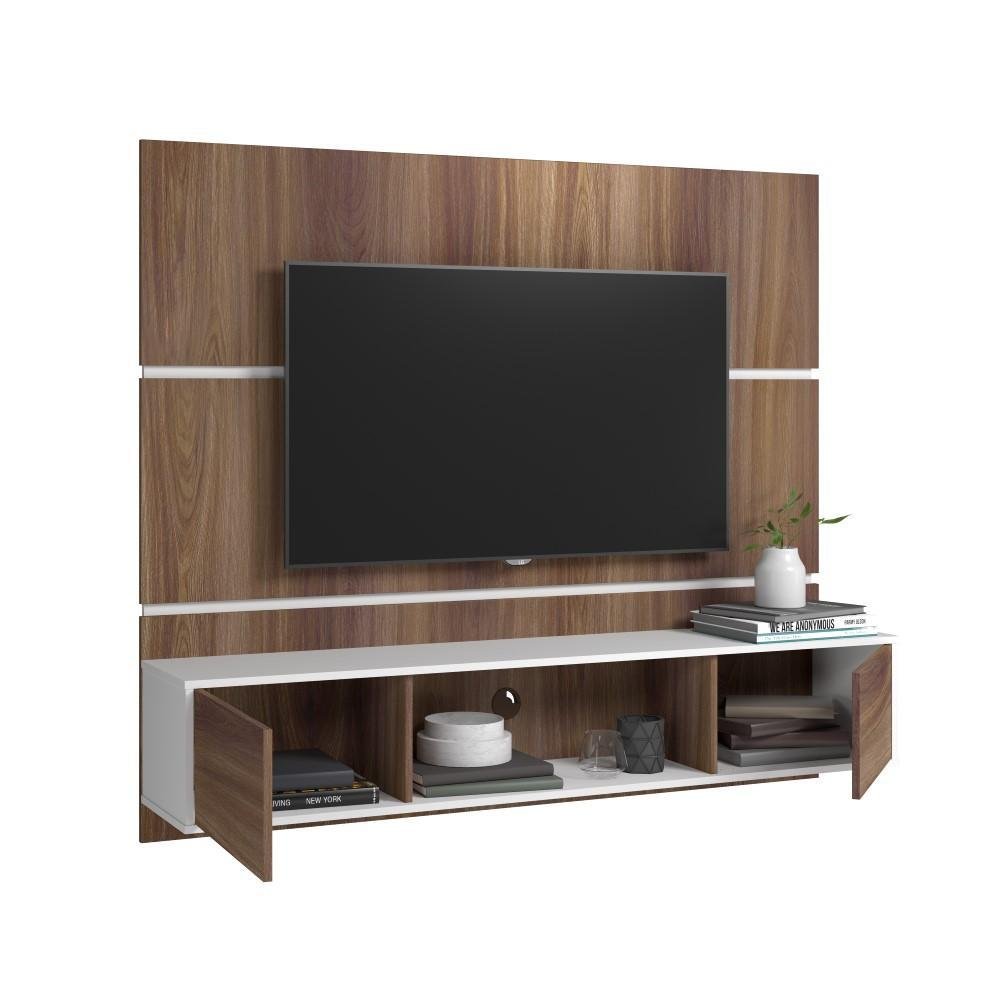 Painel Home Suspenso Para Tv Até 60 Polegadas Sala De Estar 2 Portas 1 Nicho 160 Cm Marrom Branco
