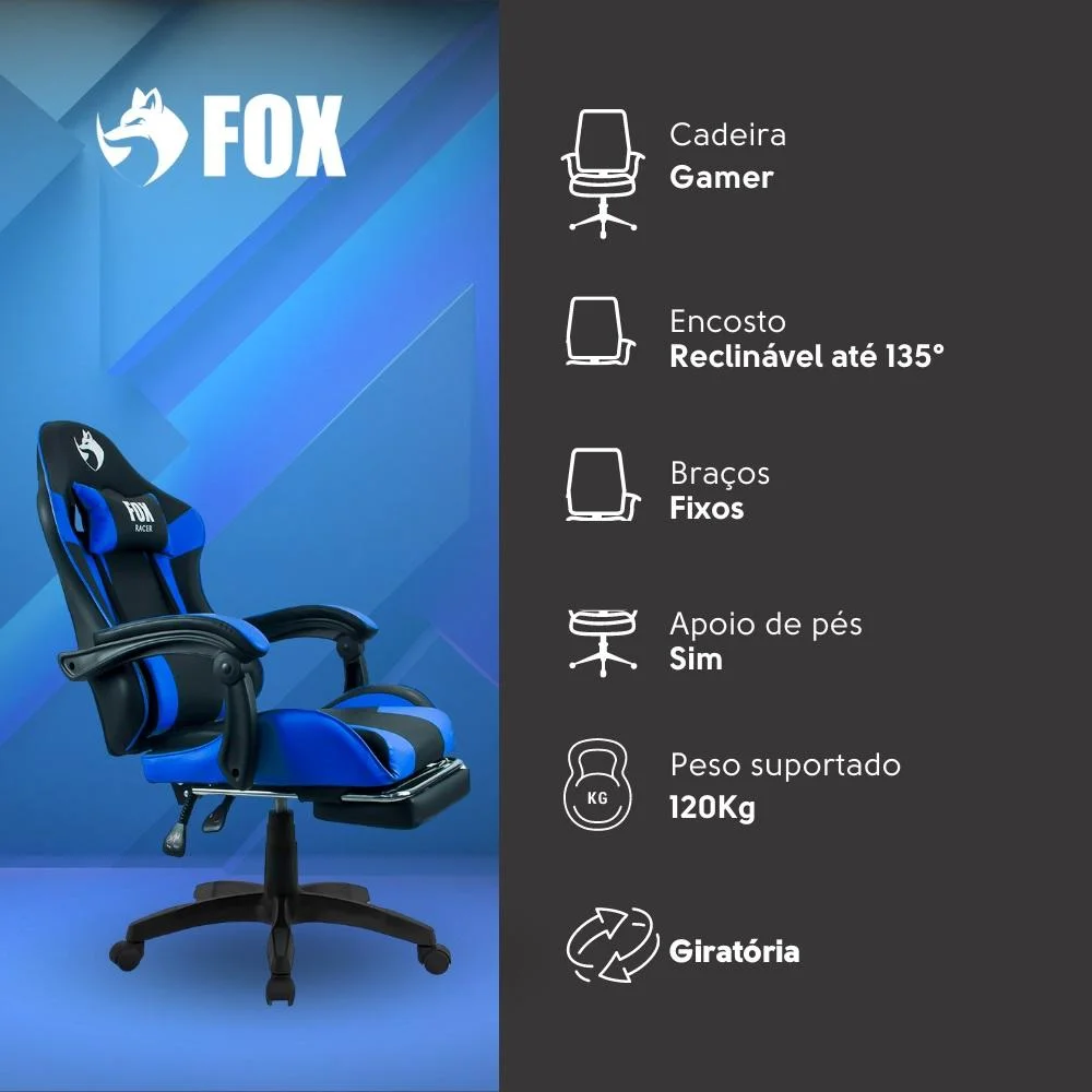 Silla Bugha Gaming Chair Cadeira Gamer Fox Racer Zerda Azul KaBuM